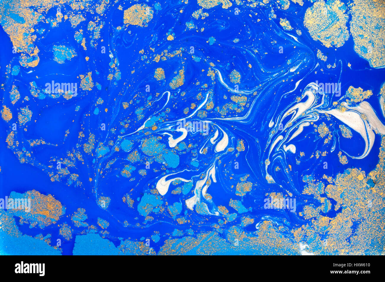 Blue and golden liquid texture, watercolor hand drawn marbling ...