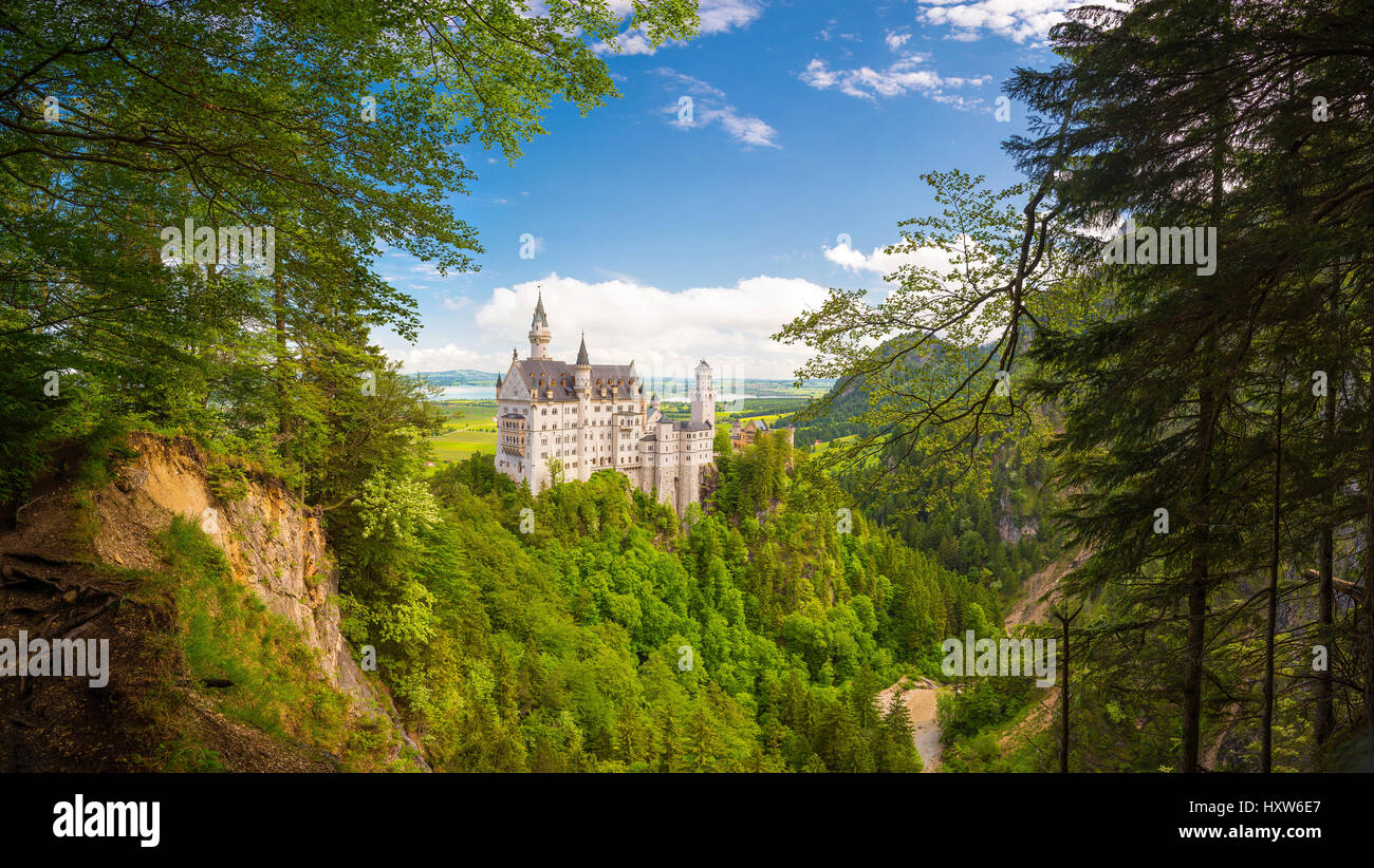 Panoramic view of the Neuschwanstein Castle, the 19th century ...