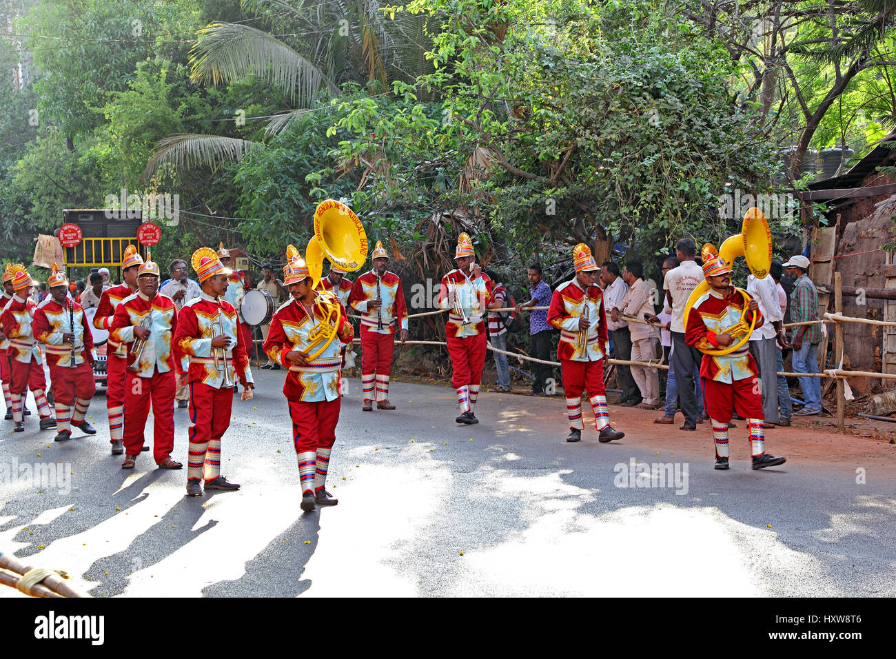 Brass band performs at the traditional annual Shigmo festival parade ...