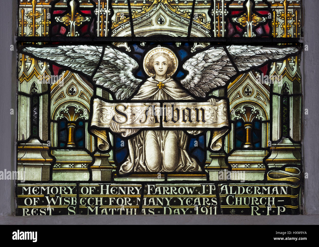 Angel holding Saint Alban scroll stained glass, St Peter and St Paul`s ...