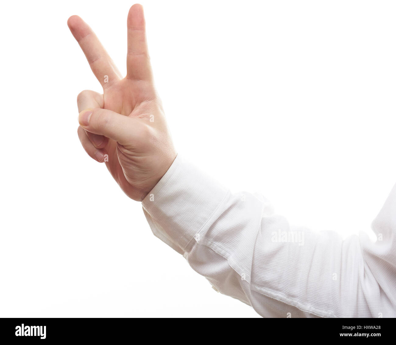 V hand sign isolated on white background. Victory sign Stock Photo - Alamy