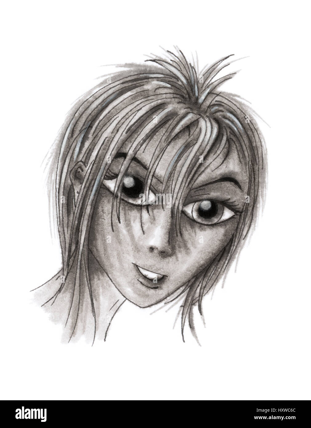 Girl portrait in cartoon style. Ink on rough paper Stock Photo - Alamy