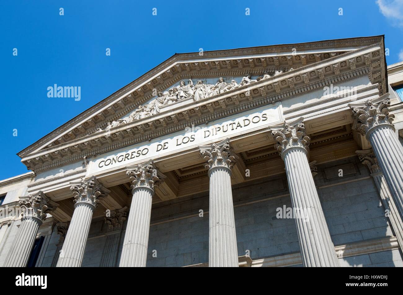 view of the main facade of the Spanish parliament, Congreso de los ...