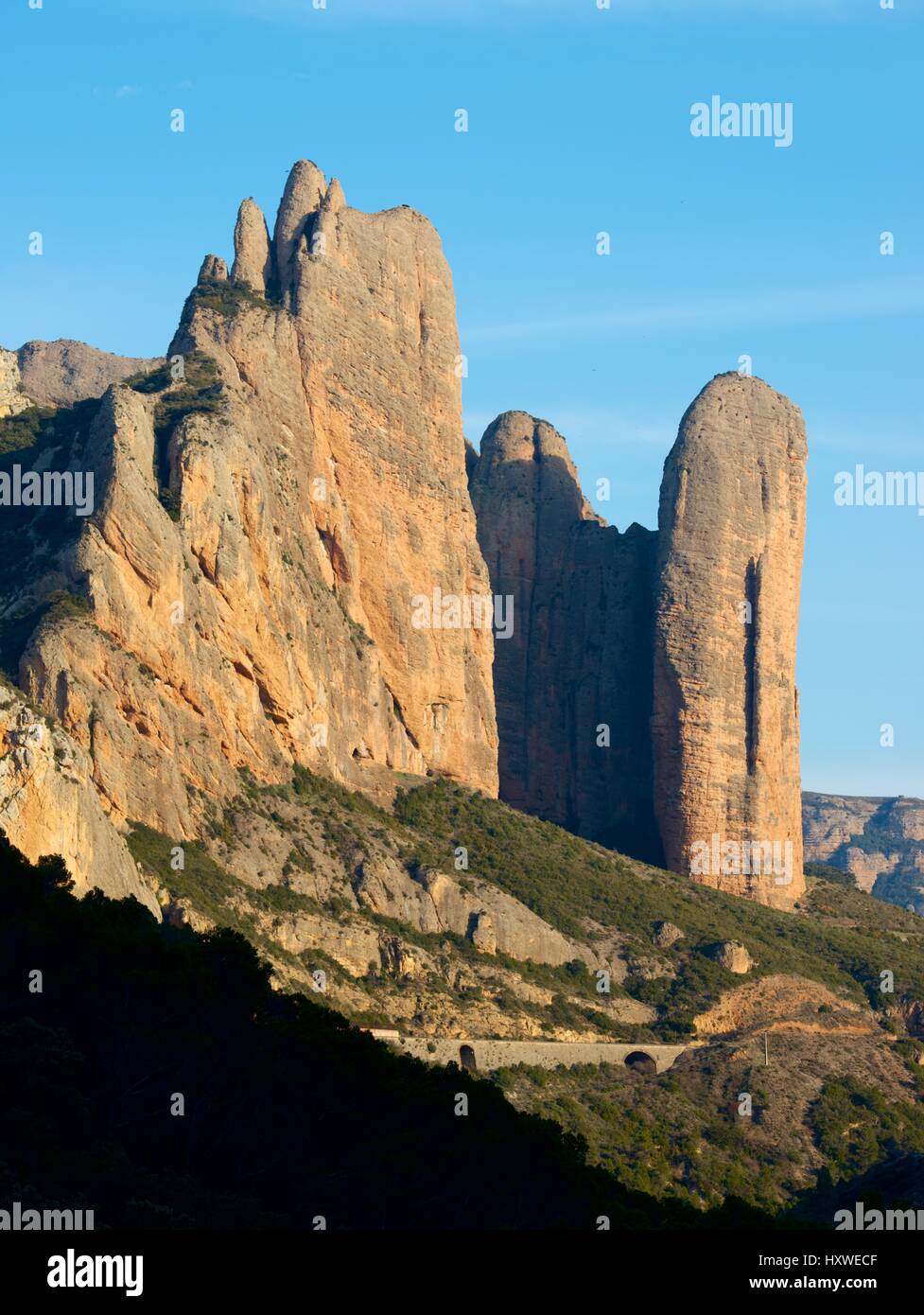 Rock spires known as Mallos de Riglos, Huesca, Aragon, Spain Stock ...