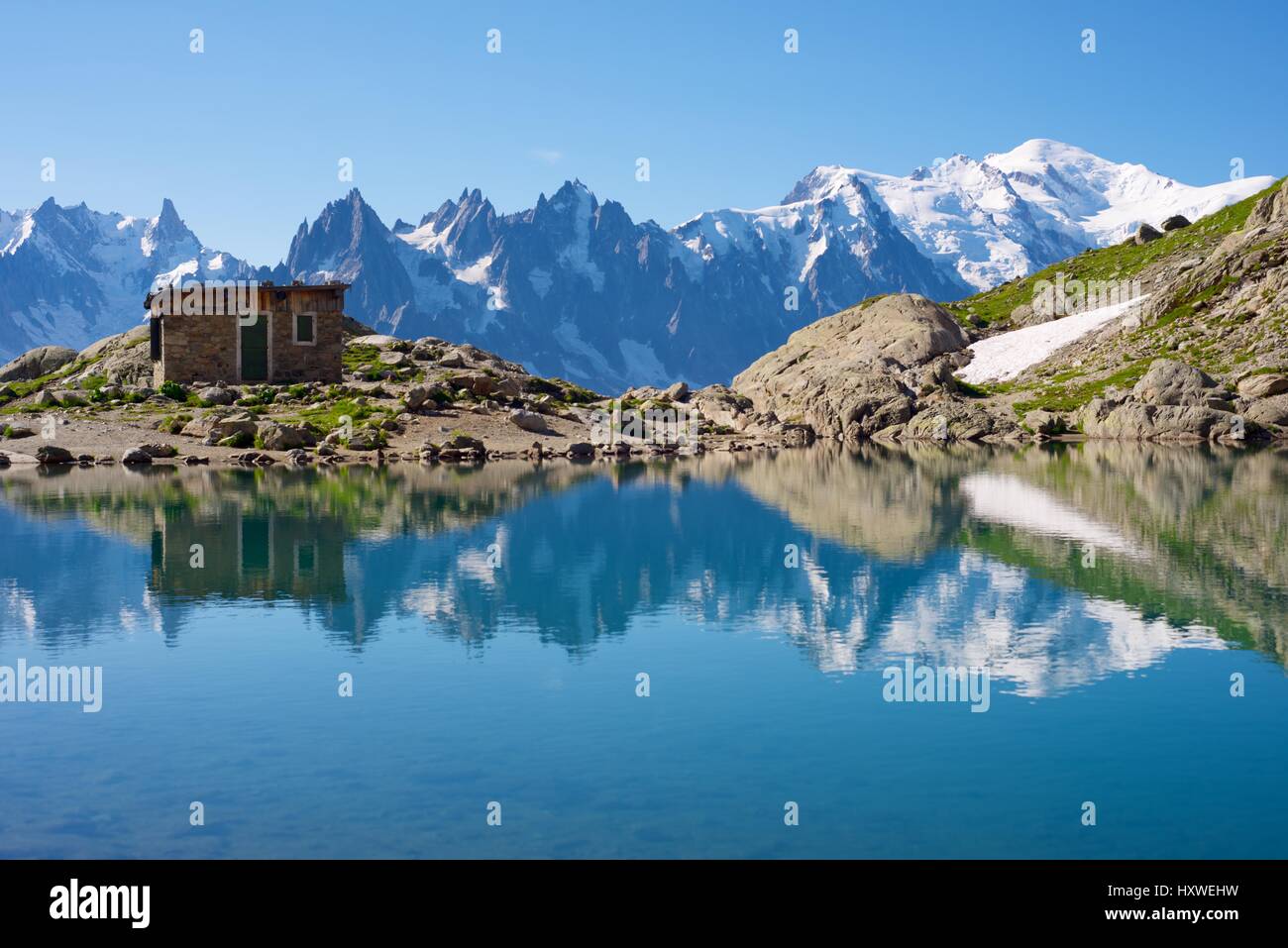 Mont Blanc Mountains reflected in Lac Blanc, Mont Blanc Massif, Alps ...