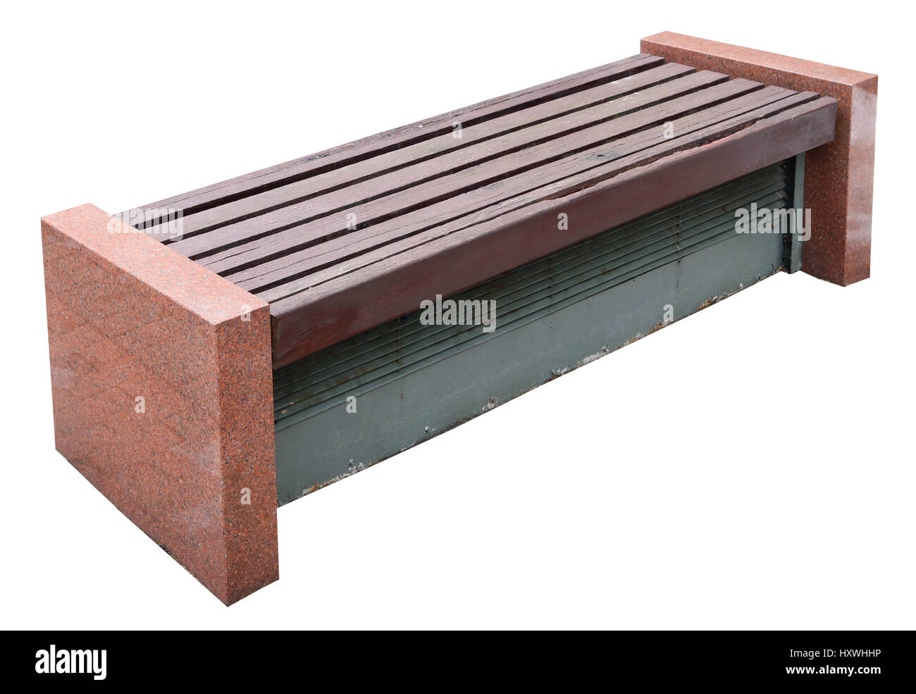 City street bench with granite sidewalls. Under a seat the box of ...
