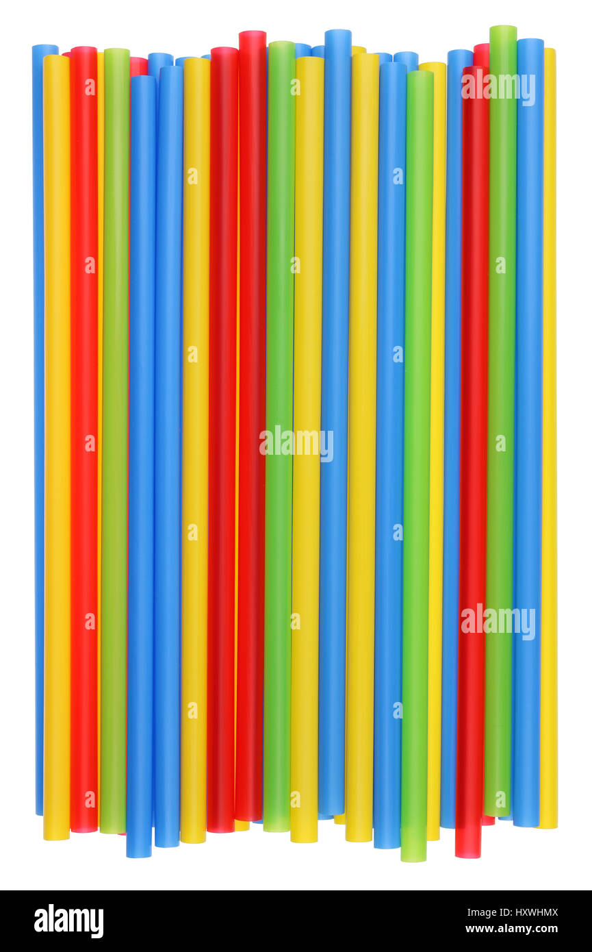 Heap of plastic multi-colored straws for cocktail with a diameter of ...