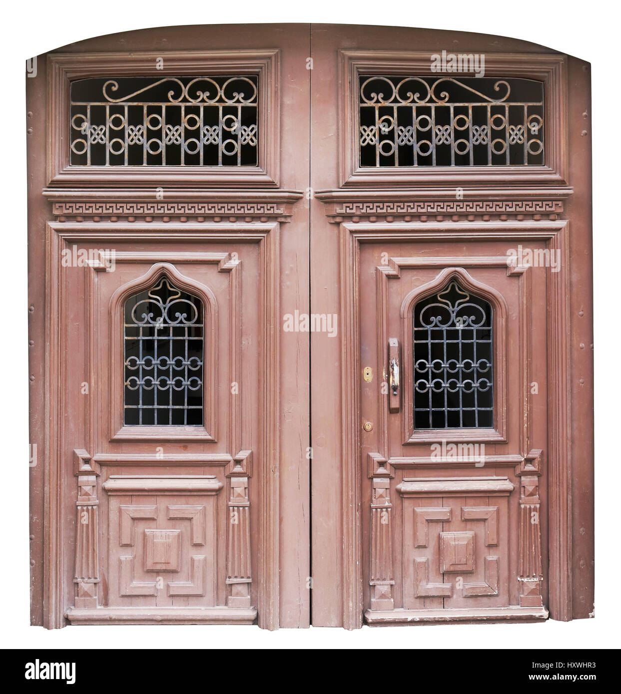 Big wide brown vintage wooden door with metal rusty lattices. Isolated ...