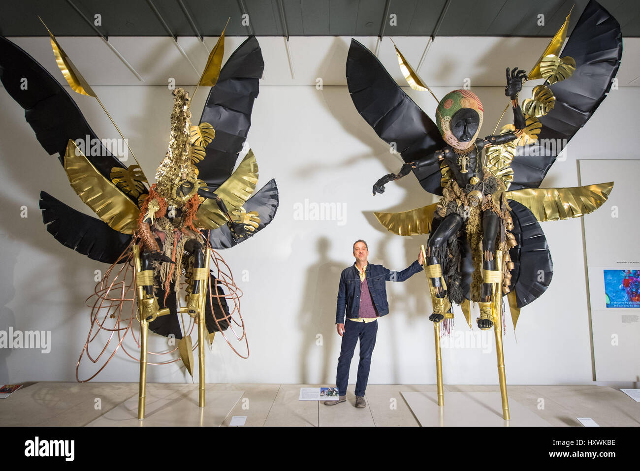 Artist Zak Ove with his figures Moko Jumbie, at the British Museum ...