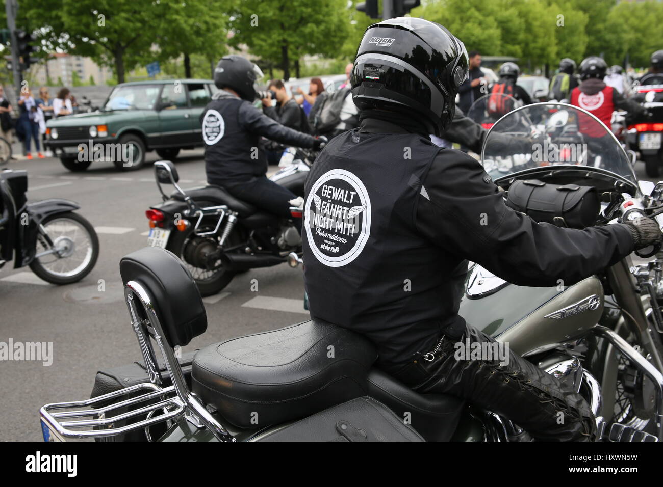 Berlin, Germany, May 9th, 2015: Bikers ride to protest against violence ...