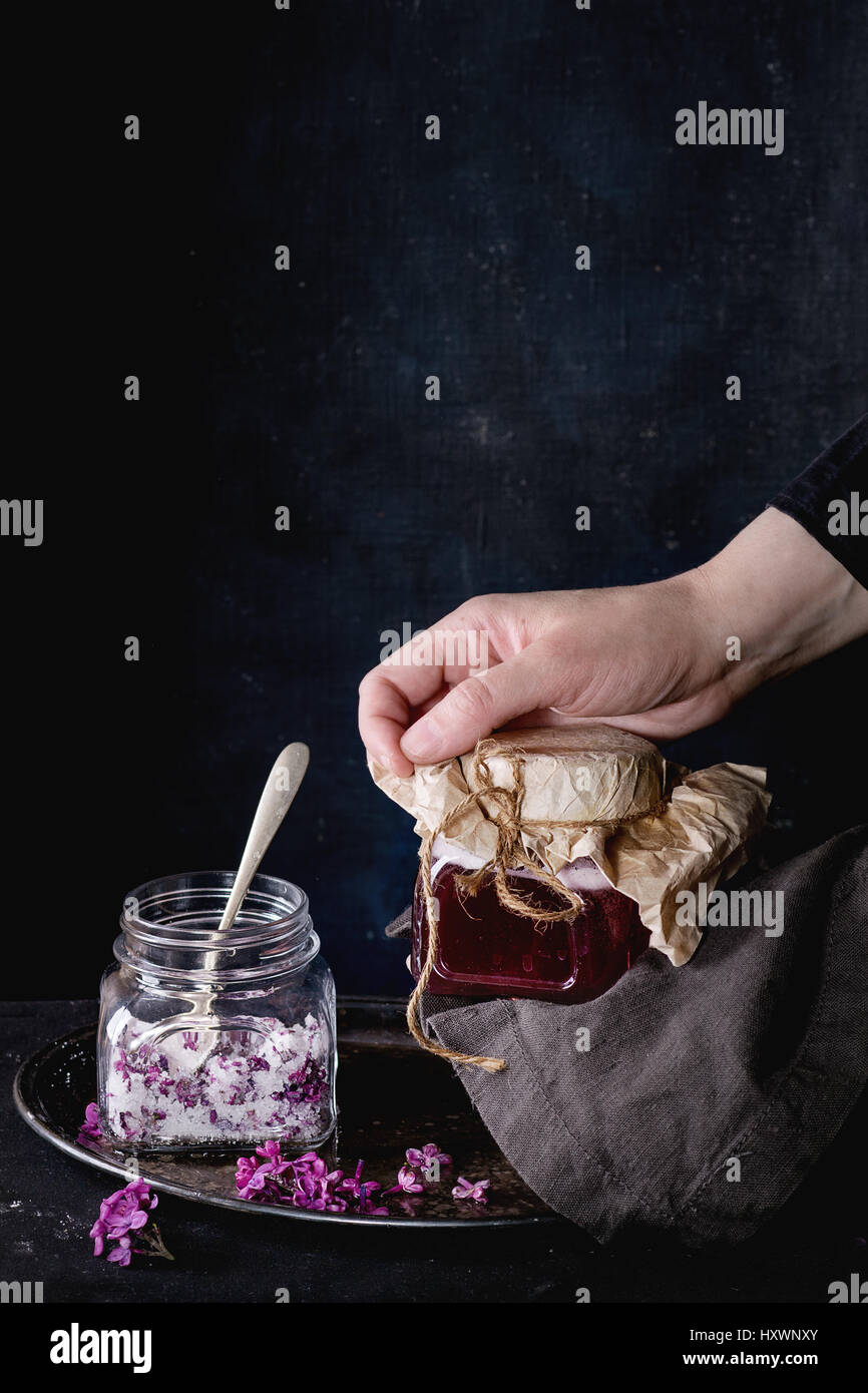 Jar of lilac syrup Stock Photo - Alamy