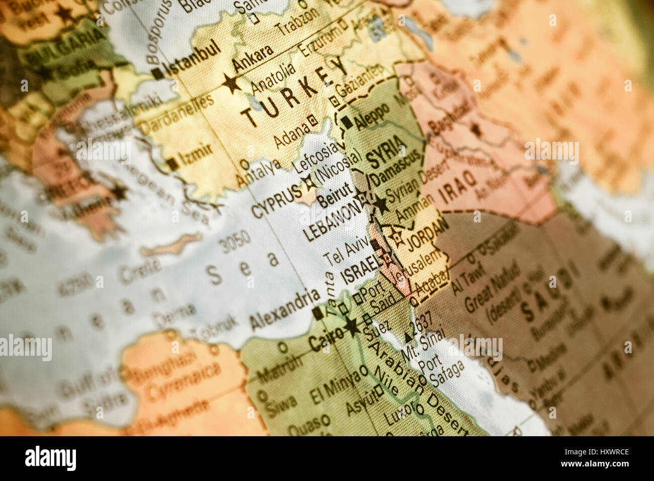 map of Israel,Turkey,Jordan and Lebanon. Selective focus Stock Photo ...