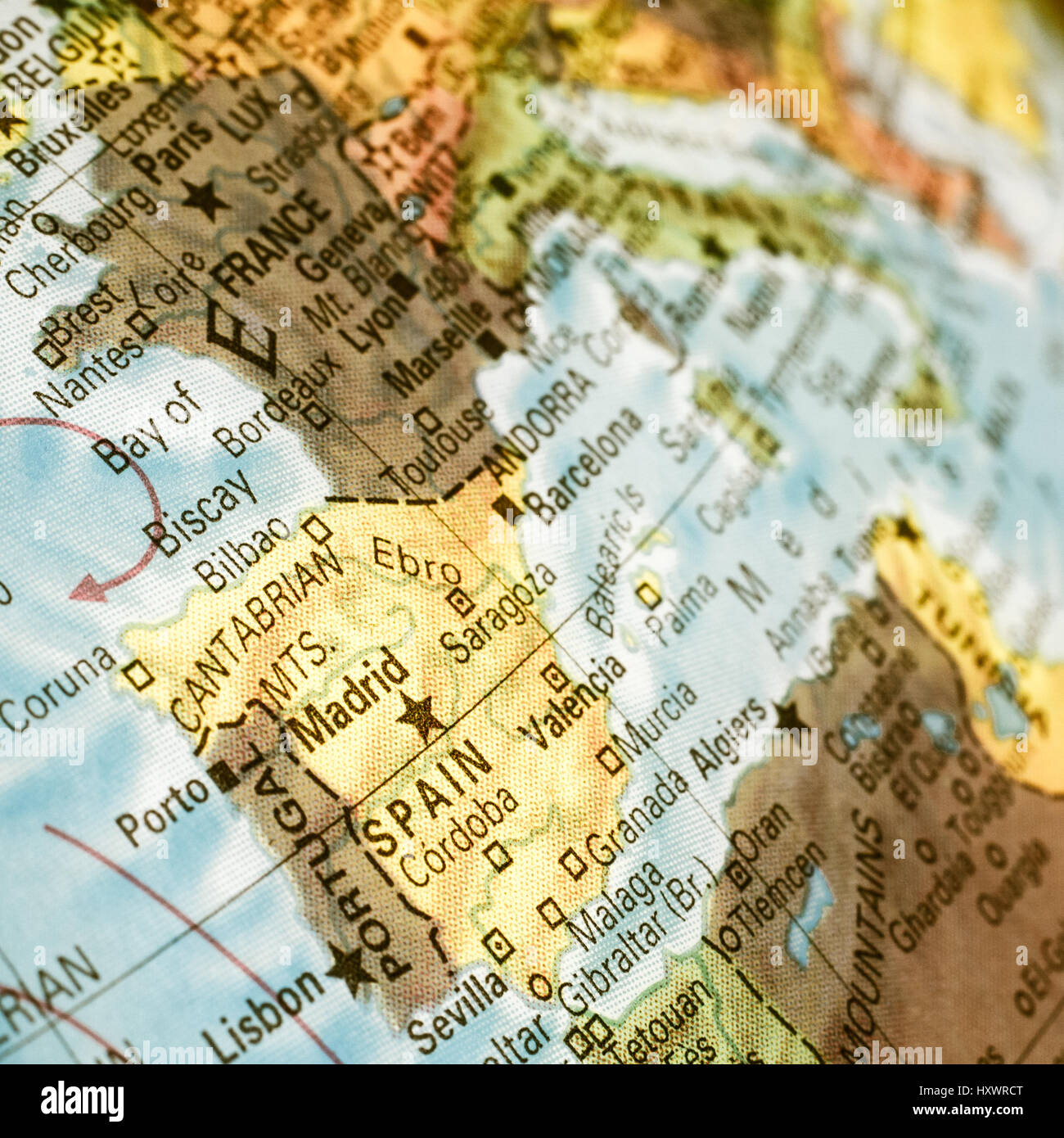 Map Spain , Portugal . Vintage close-up macro image of Spanish and ...