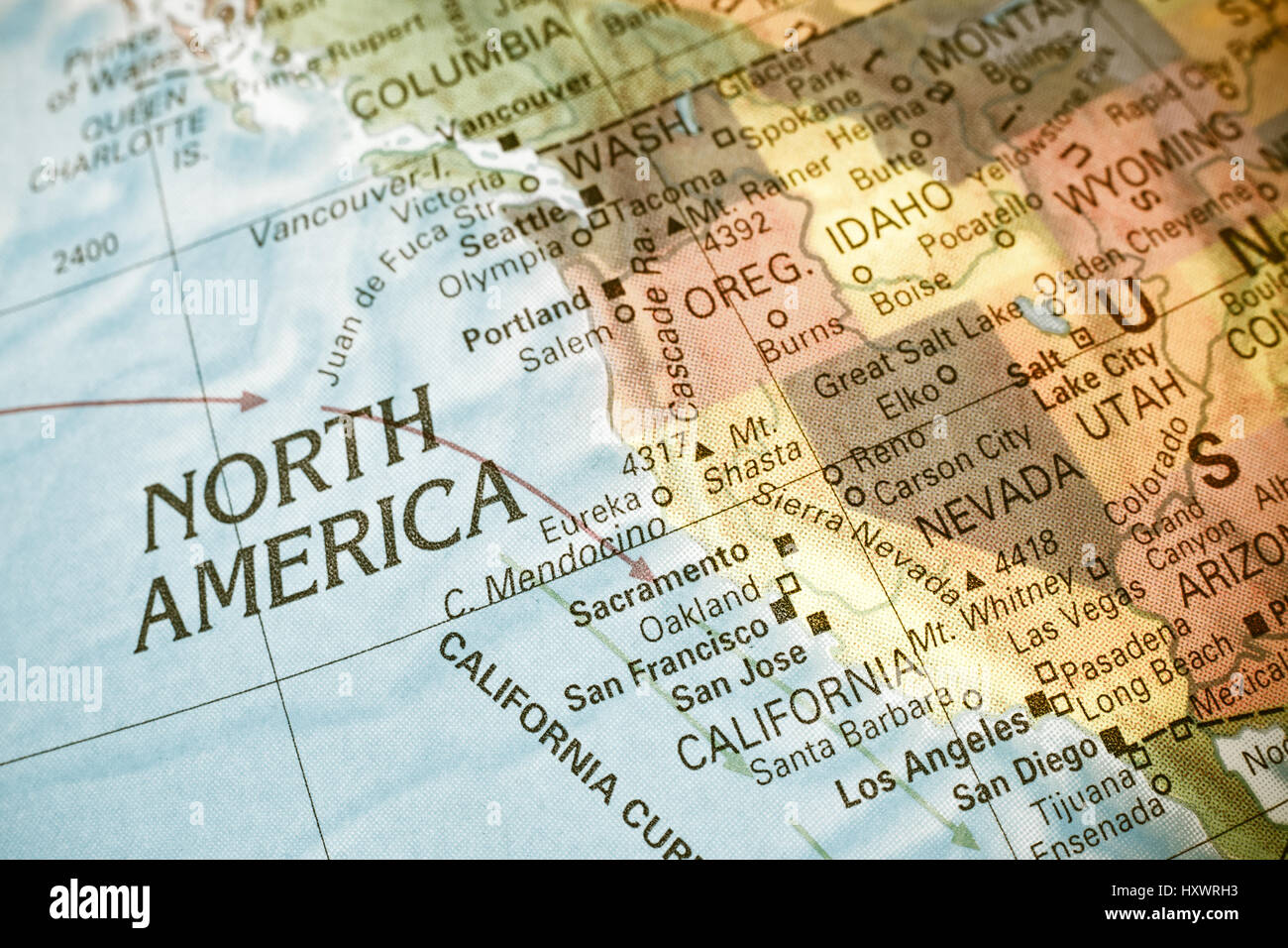 Map North West USA . Close-up macro image of map North West America ...