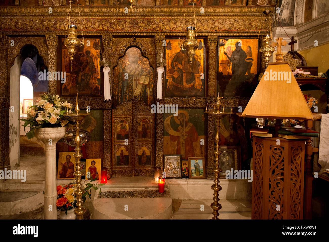 gold plated wooden altar in the church of the monastery of Agios ...