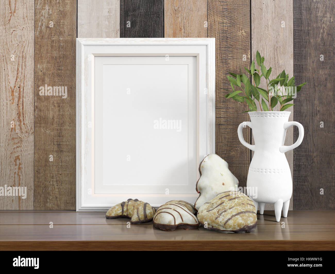 Mock up blank photo frame on the table. 3d rendering Stock Photo - Alamy
