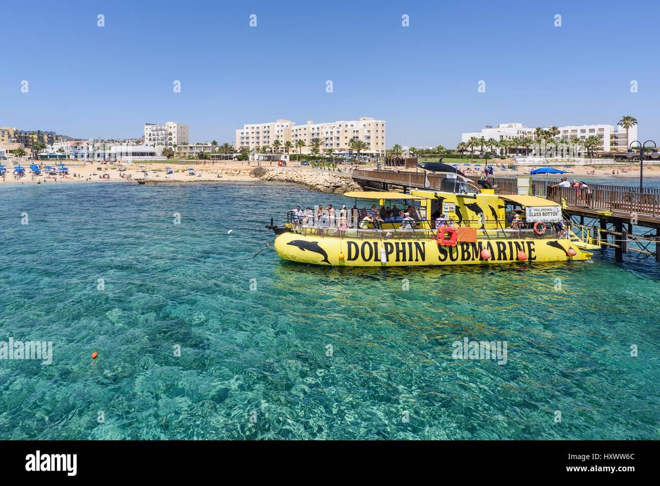 PROTARAS, CYPRUS - JUNE 16, 2016: Tourists on yellow dolphin submarine ...