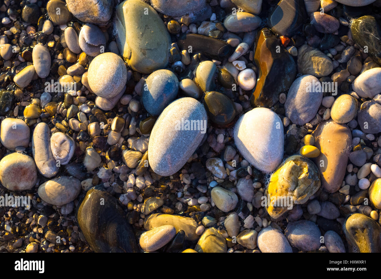 sea pebble beach with multicoloured stones, transparent waves with foam ...