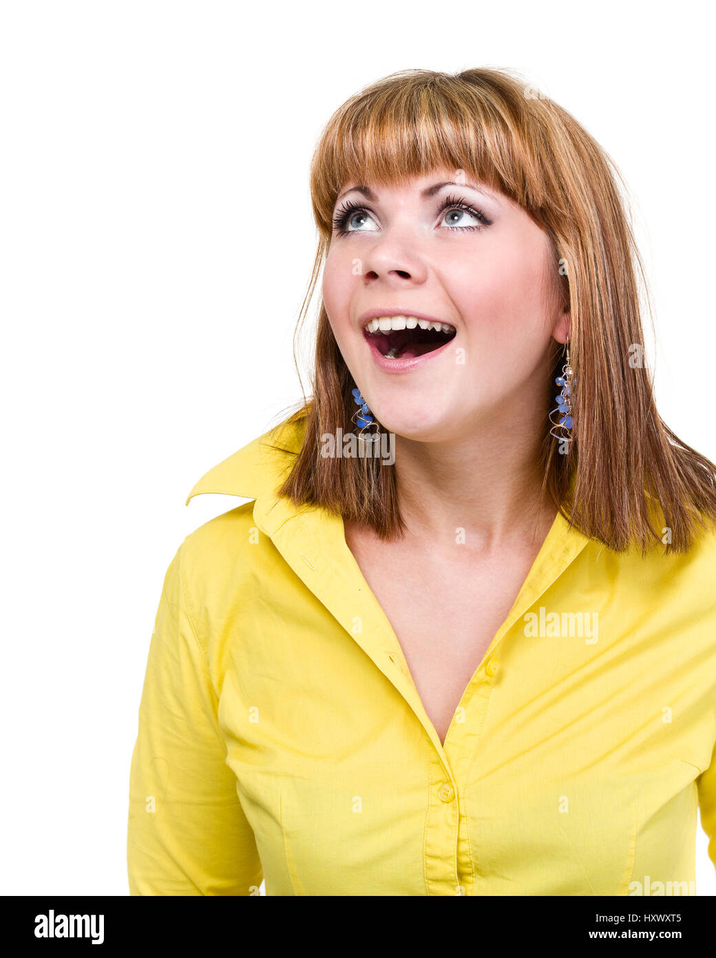 Closeup portrait of surprised young lady isolated on white with ...