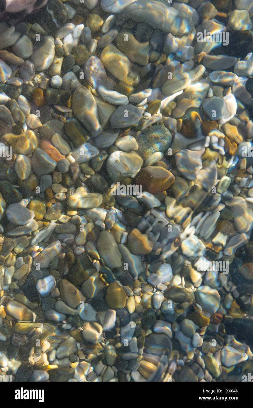 sea pebble beach with multicoloured stones, transparent waves with foam ...