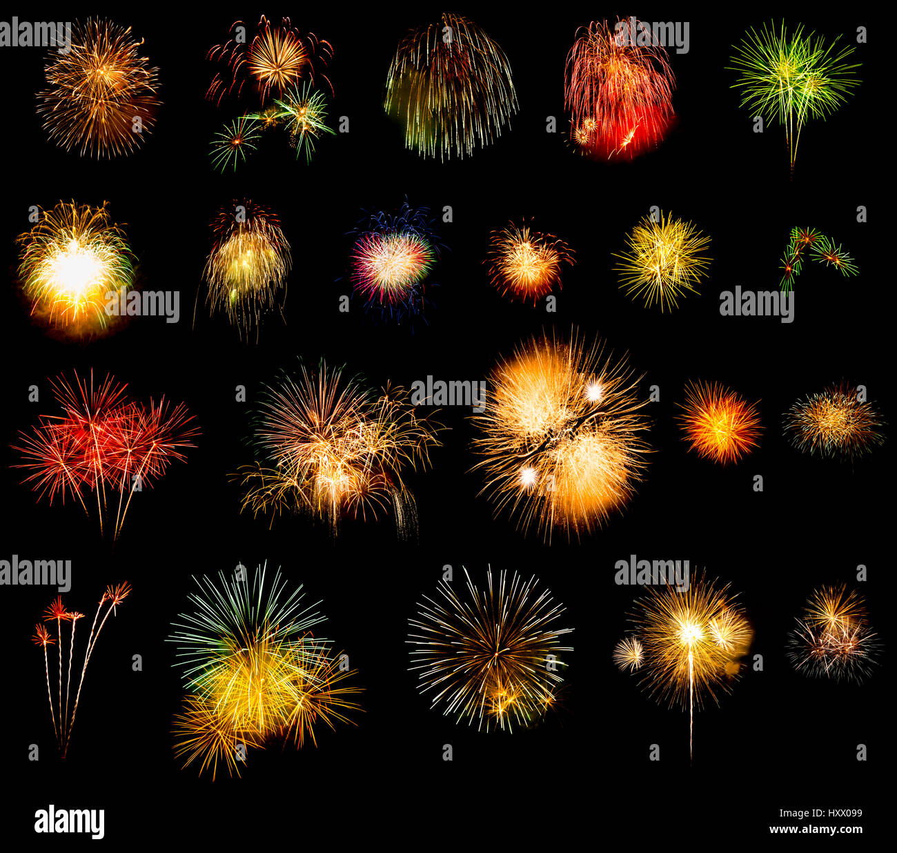 Collection of multi colored fireworks on black background Stock Photo ...