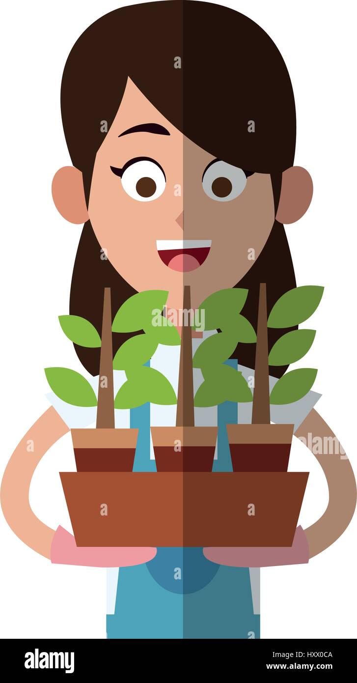 gardener woman holding a plant in a pot cartoon icon over white ...