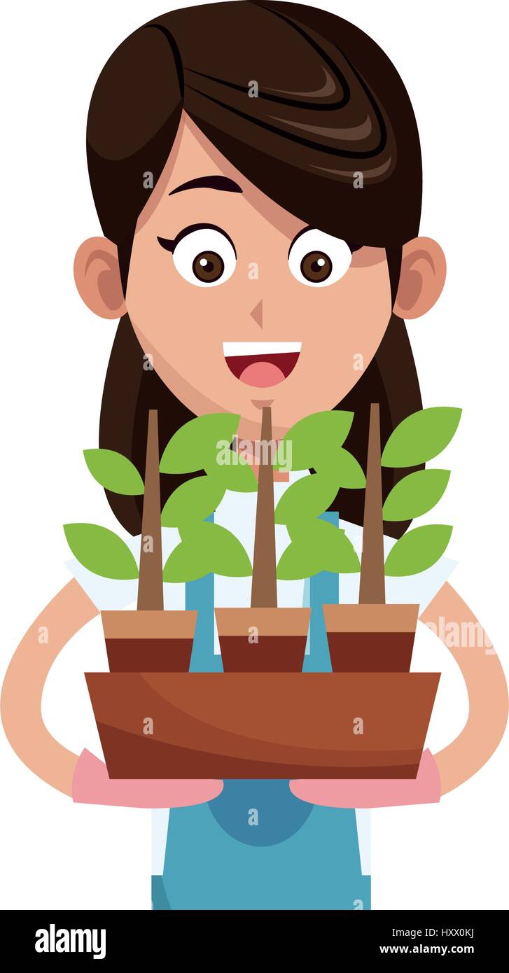 gardener woman holding a plant in a pot cartoon icon over white ...