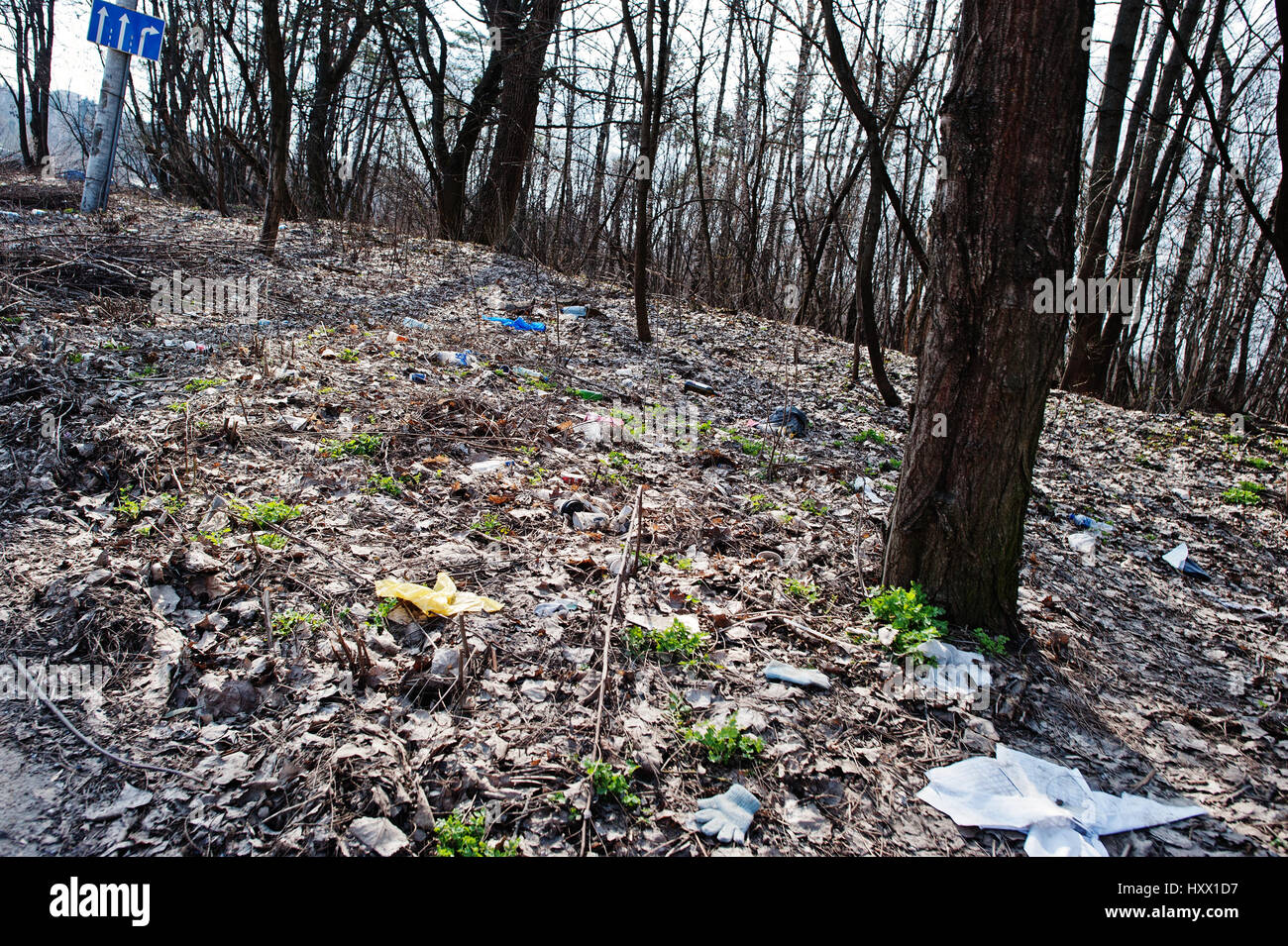 Pollution of nature theme. Garbage at forest near road Stock Photo - Alamy