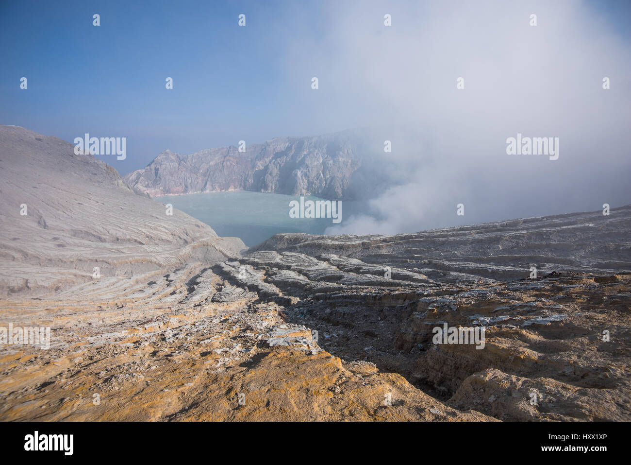 The sulfuric lake of Kawah Ijen vulcano in East Java, Indonesia Stock ...