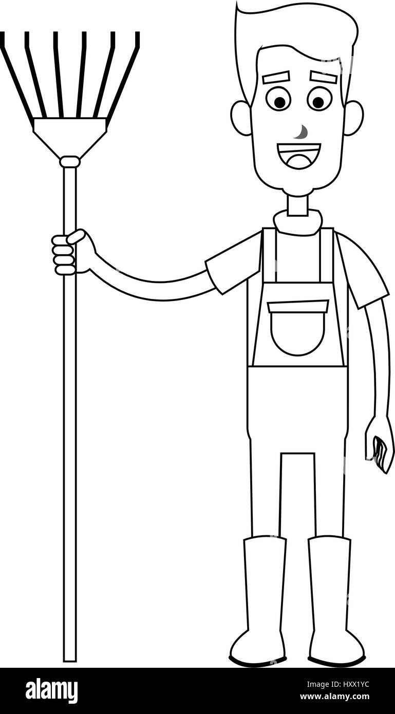 Cartoon farmer holding rake Black and White Stock Photos & Images - Alamy