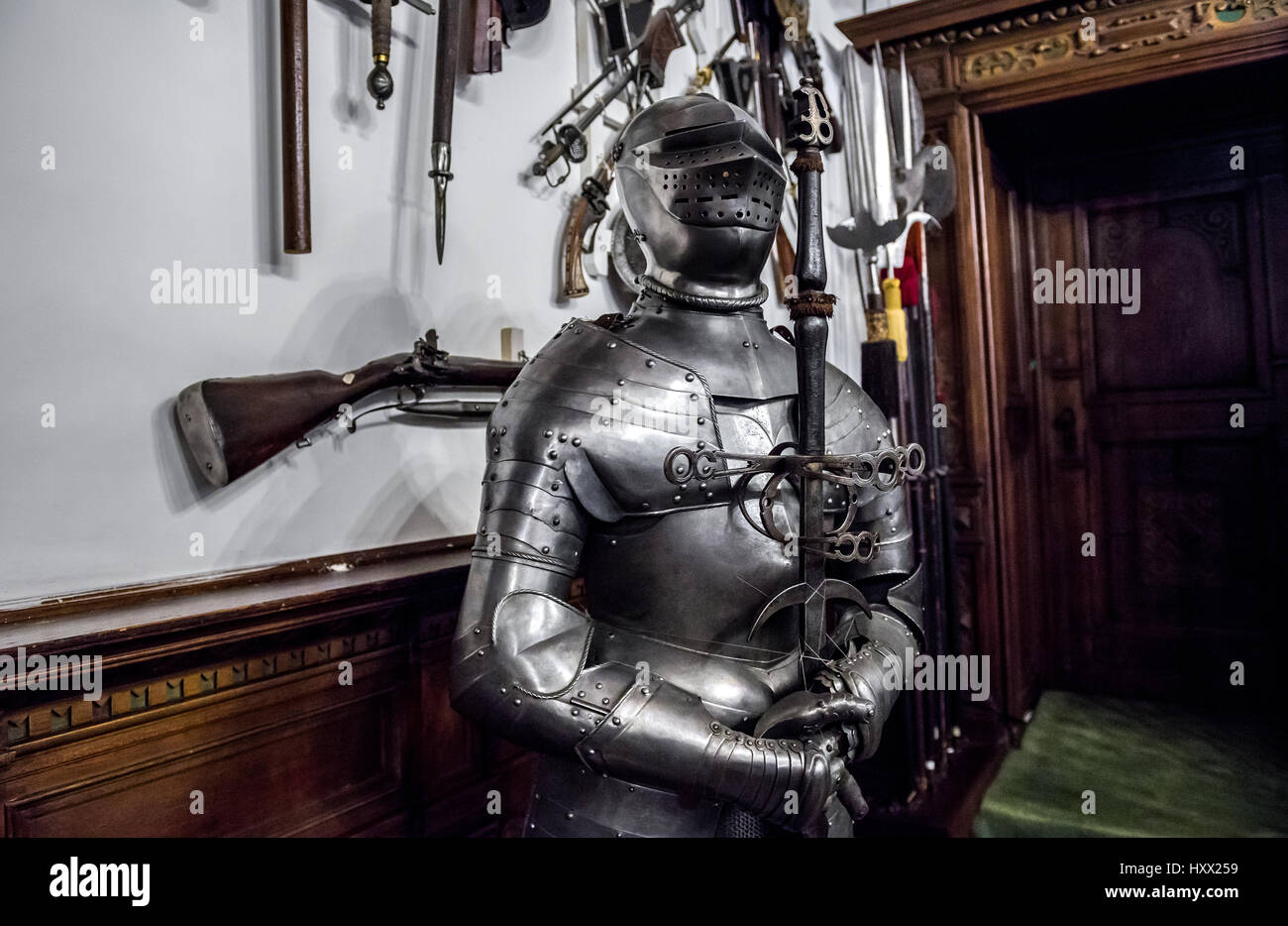 Knightly armour in Grand Armory Hall in Peles Palace, former royal ...