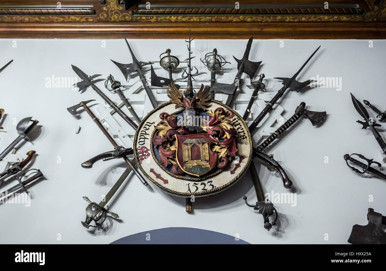 Mediaeval weapons on the wall of Grand Armory Hall in Peles Palace ...