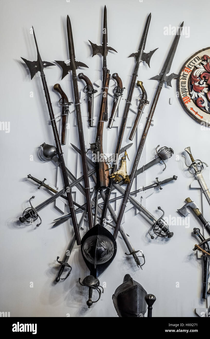 Mediaeval weapons on the wall of Grand Armory Hall in Peles Palace ...