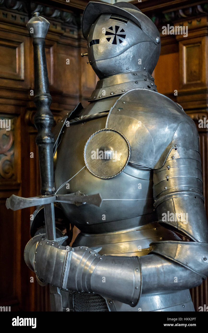 Knightly armour in Grand Armory Hall in Peles Palace, former royal ...