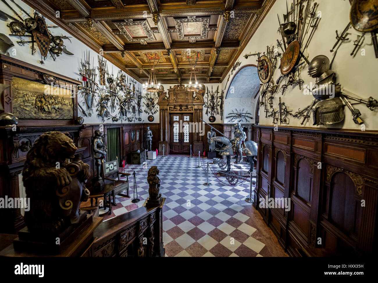 Grand Armory Hall in Peles Palace, former royal castle, built between ...