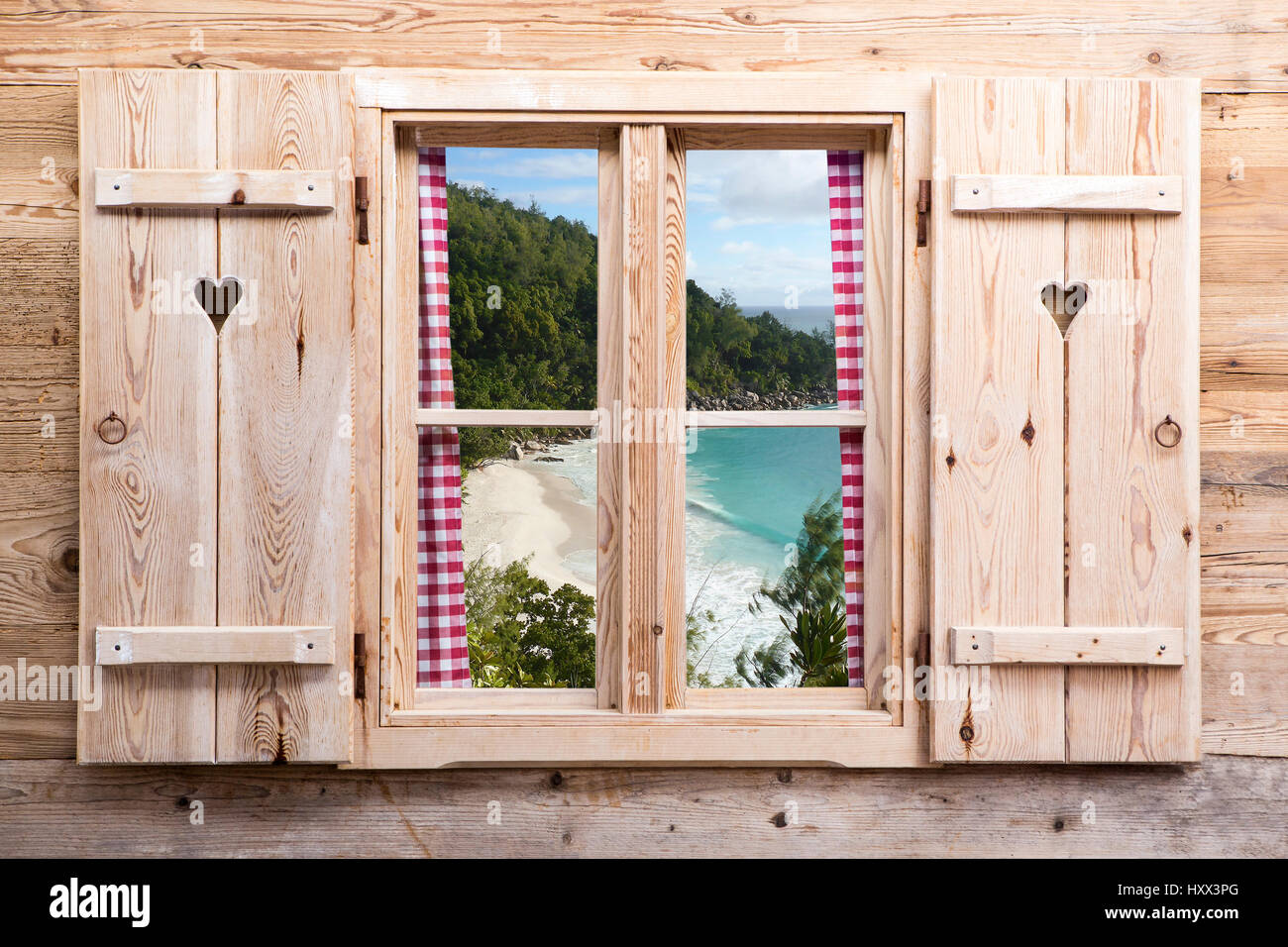 Wooden window with tropical panorama view, travel concept Stock Photo ...