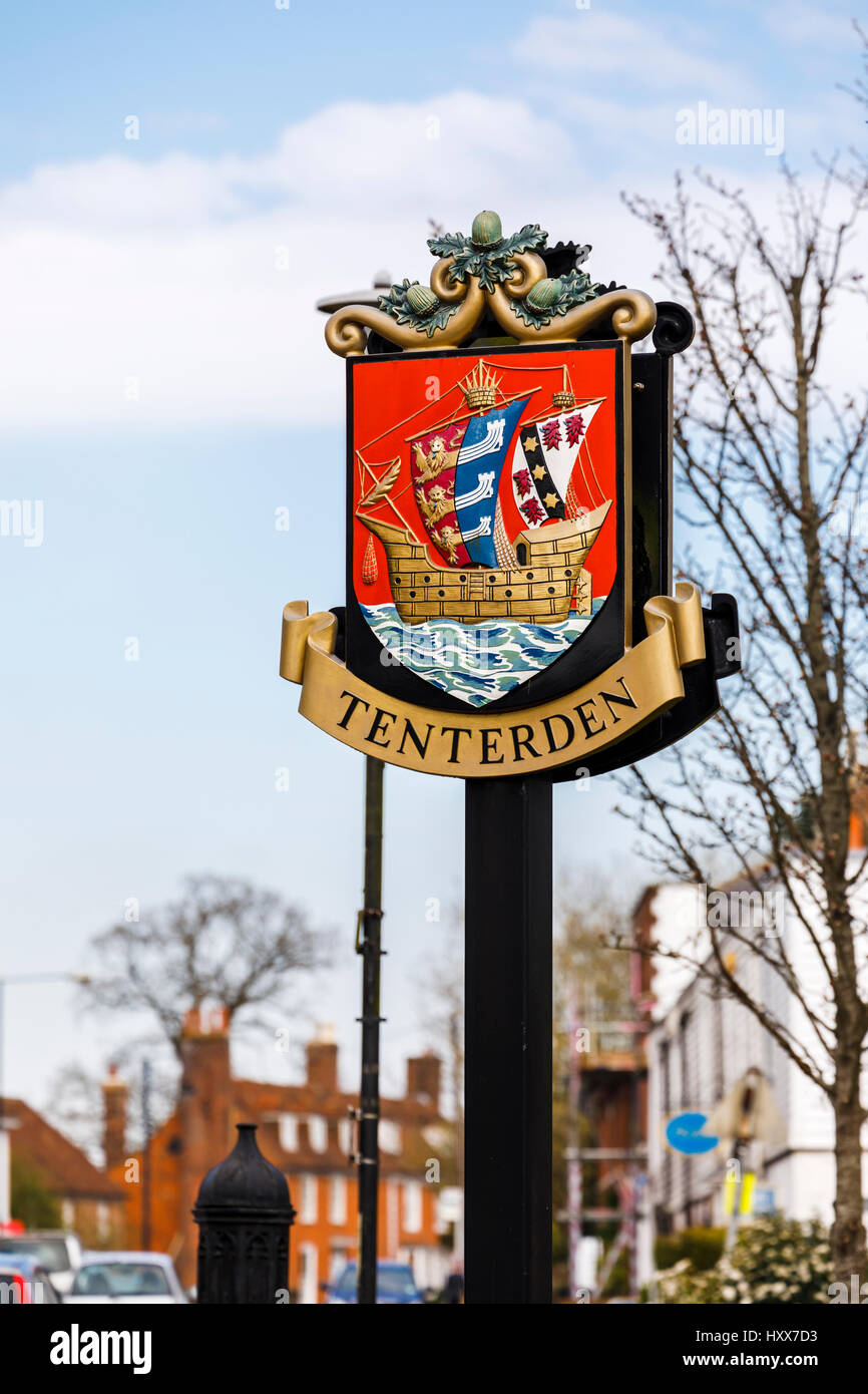 Traditional painted town sign and crest, Tenderden, Kent, south-east ...
