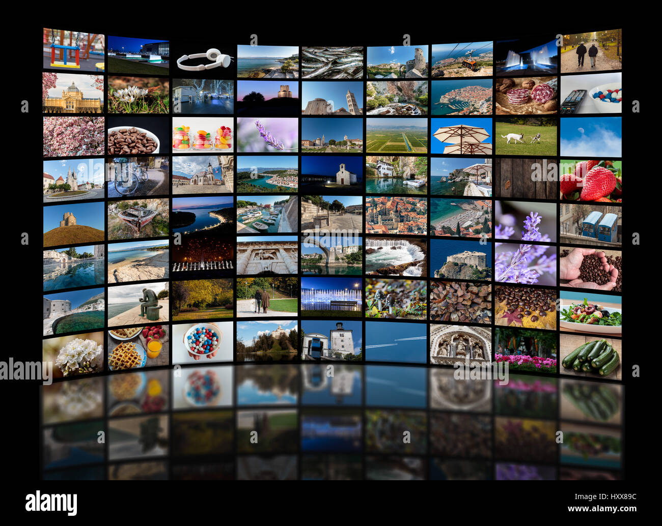 Video wall concept made of a lot of different photos representing LCD ...