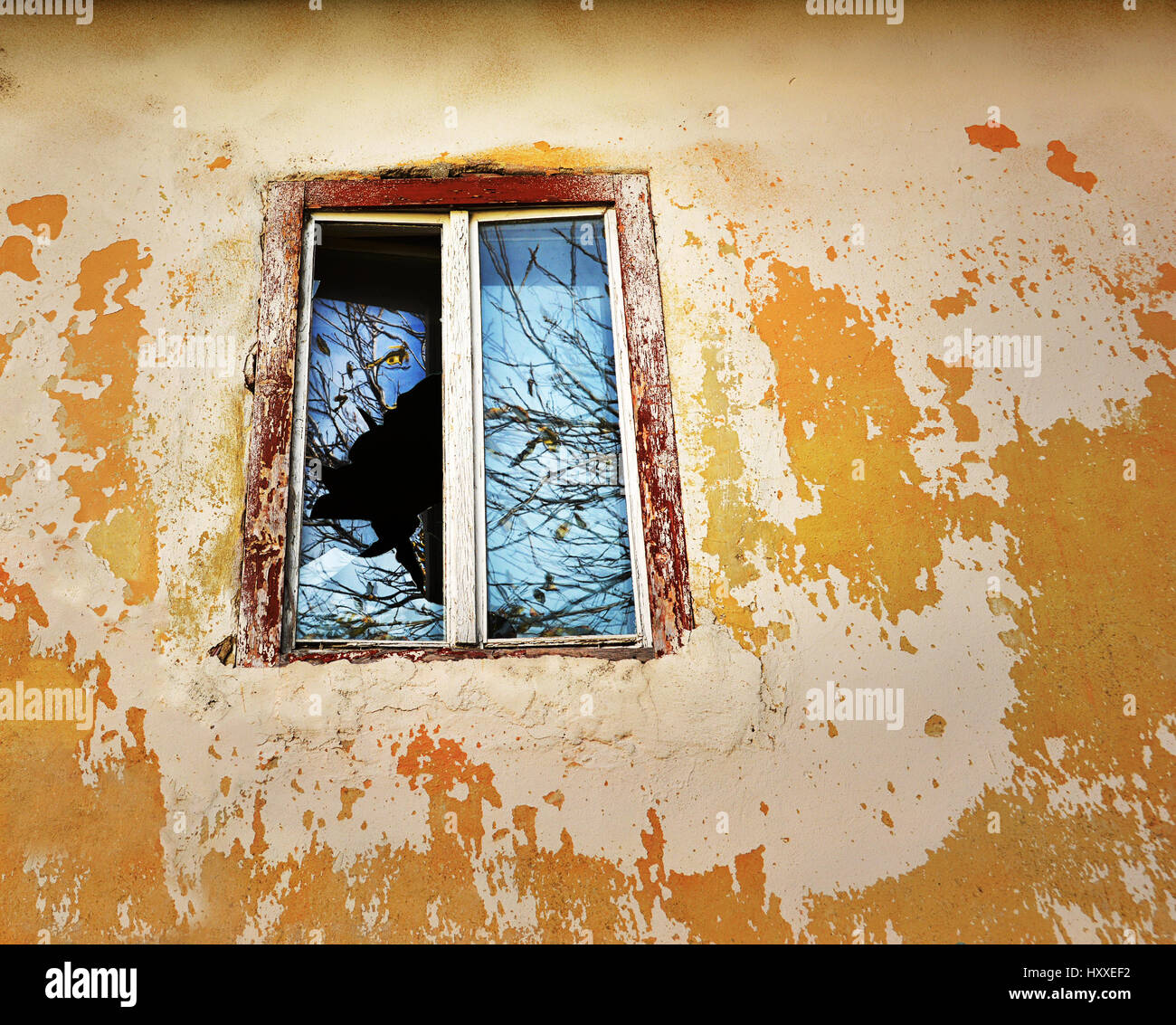 Abandoned building detail with broken window Stock Photo - Alamy