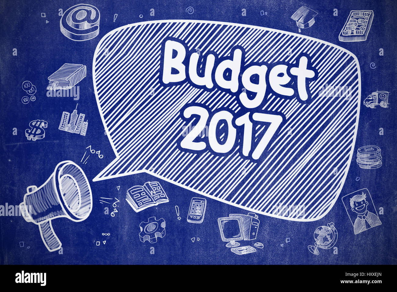 Budget 2017 - Cartoon Illustration on Blue Chalkboard Stock Photo - Alamy
