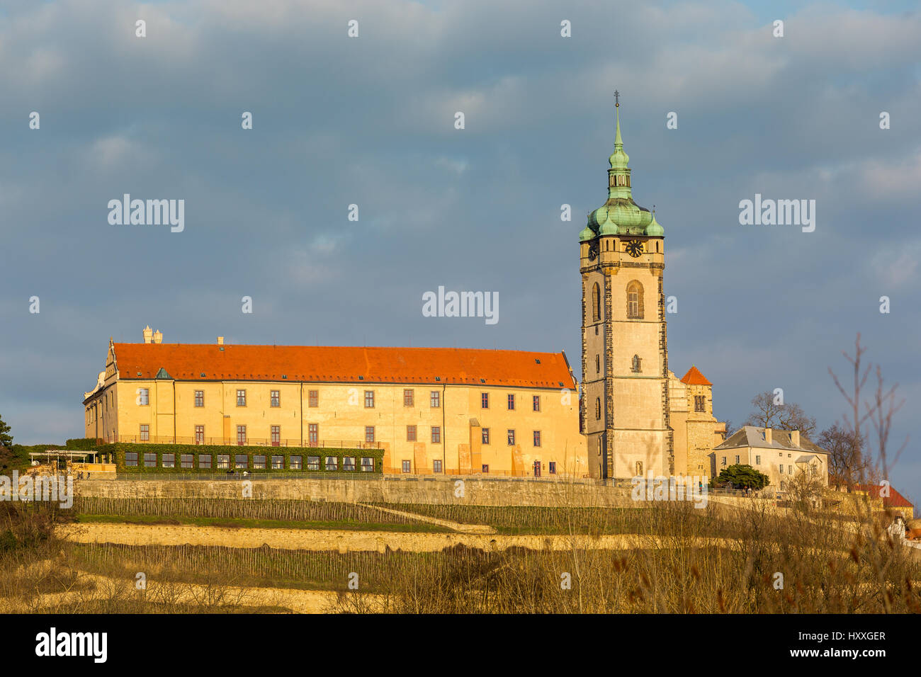 Melnik castle with its vineyard at river Labe, Melnik, Czech republic ...