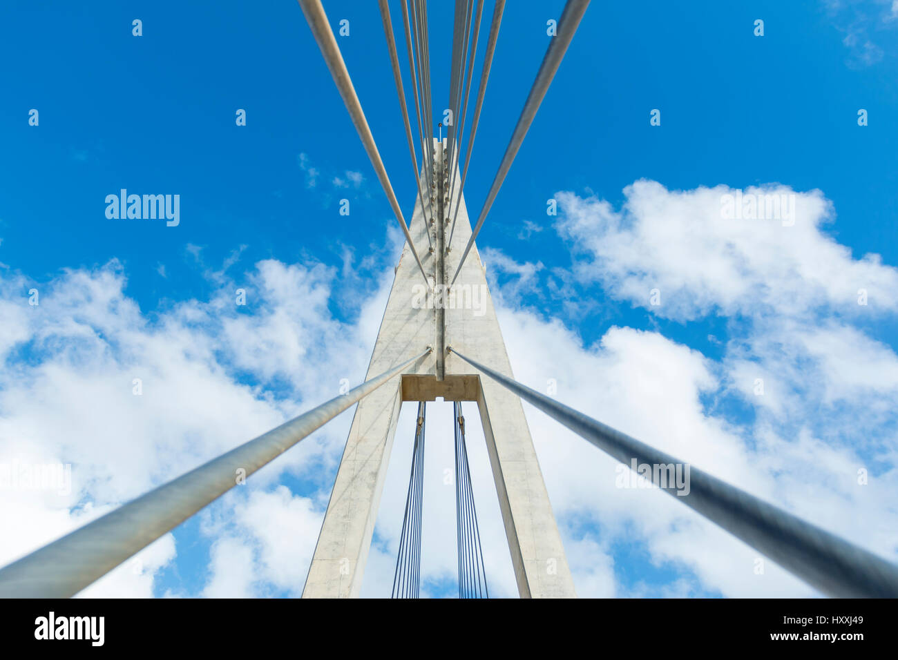 From below shot of bridge structure with wires on background of blue ...
