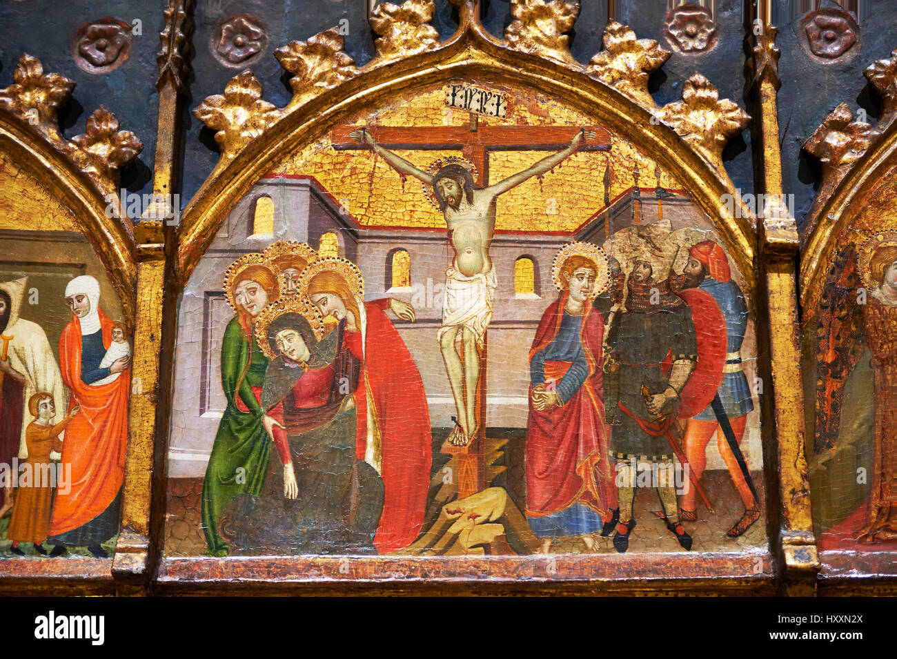 Gothic painted Panel Altarpiece of Saint Stephen by Jaume Serra. Tempera, gold leaf and metal ...