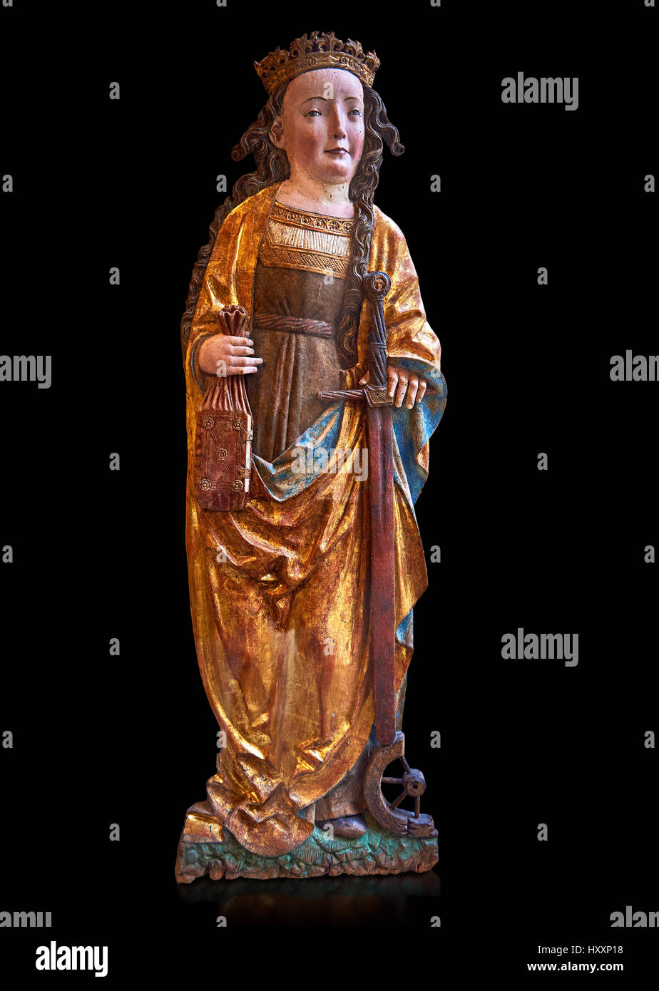 Painted Gothic gilded wooden statue altarpiece of Saint Catherine, c ...