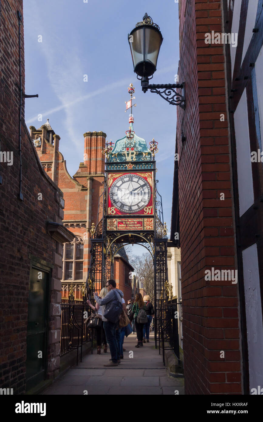 The ornate wrought iron Eastgate Clock over Chester's east gate a ...