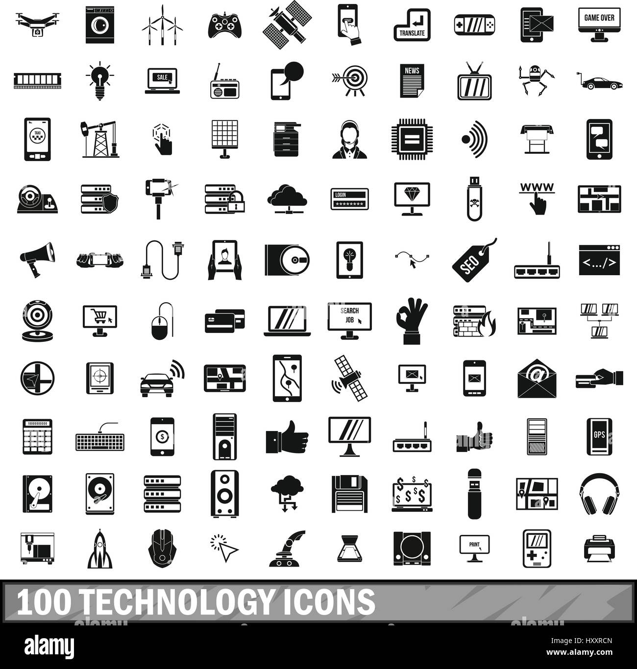 100 technology icons set Black and White Stock Photos & Images - Alamy