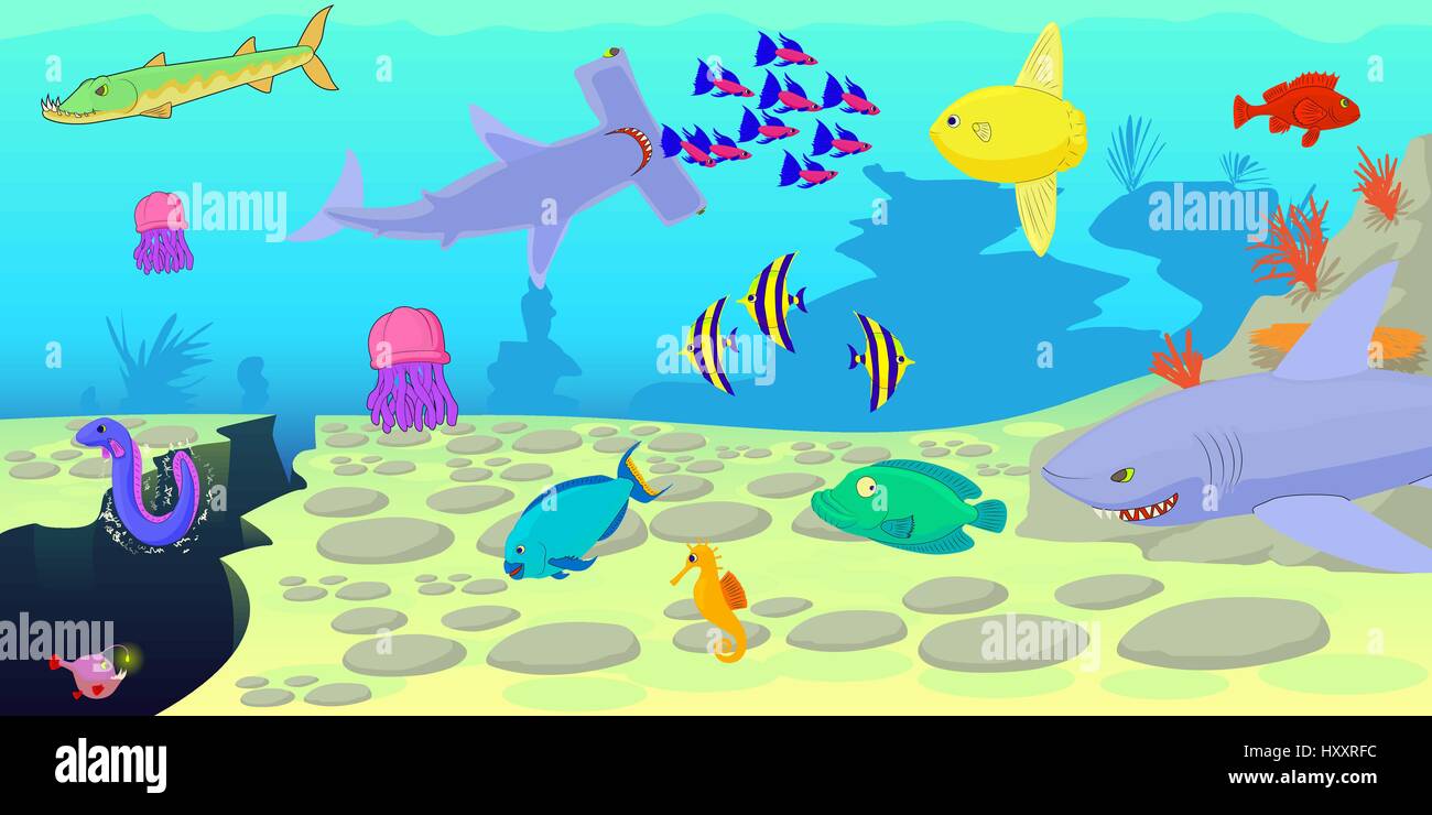 Ocean fish scene horizontal banner, cartoon style Stock Vector Image ...