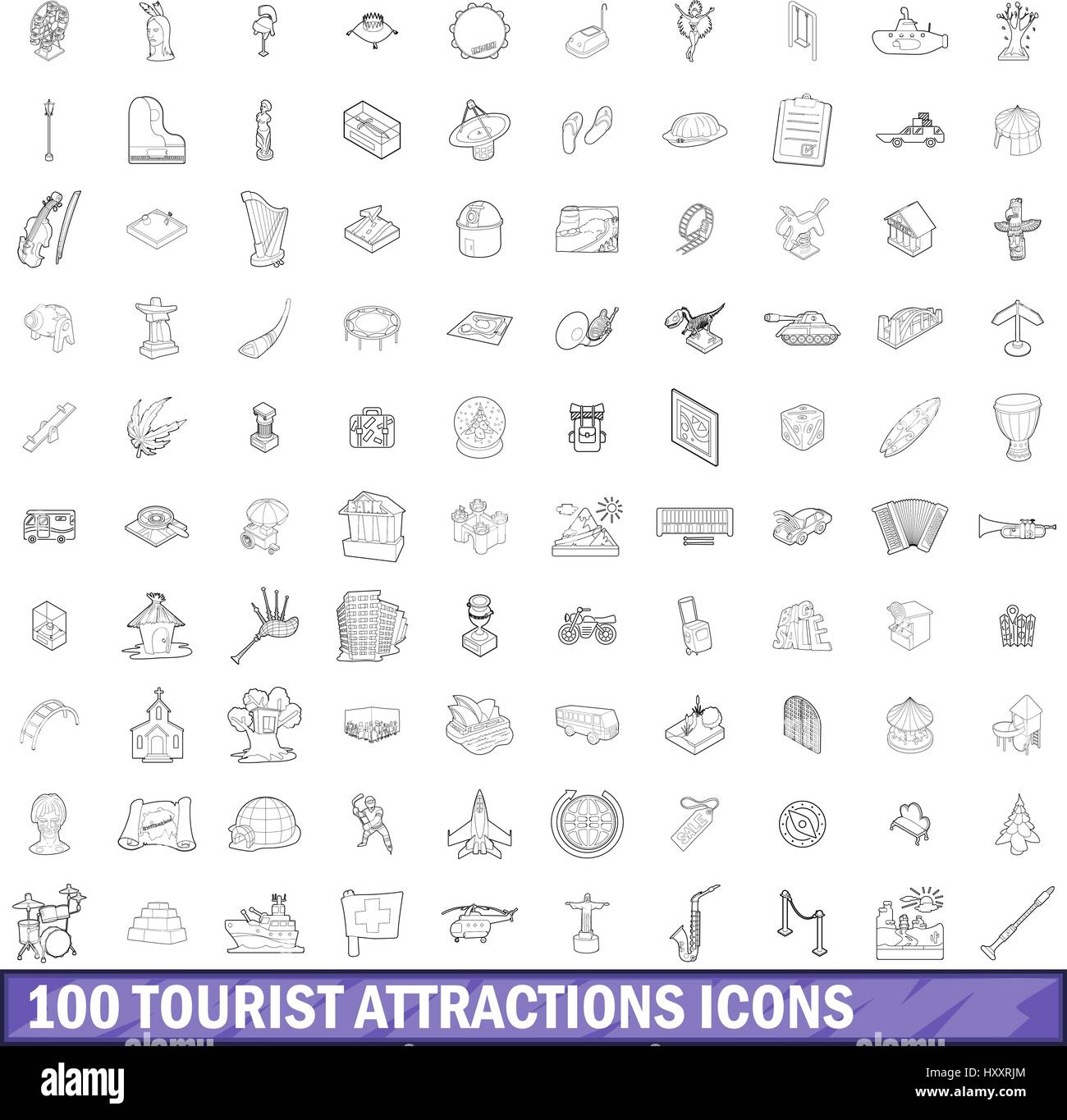 100 tourist attractions icons set, outline style Stock Vector Image ...