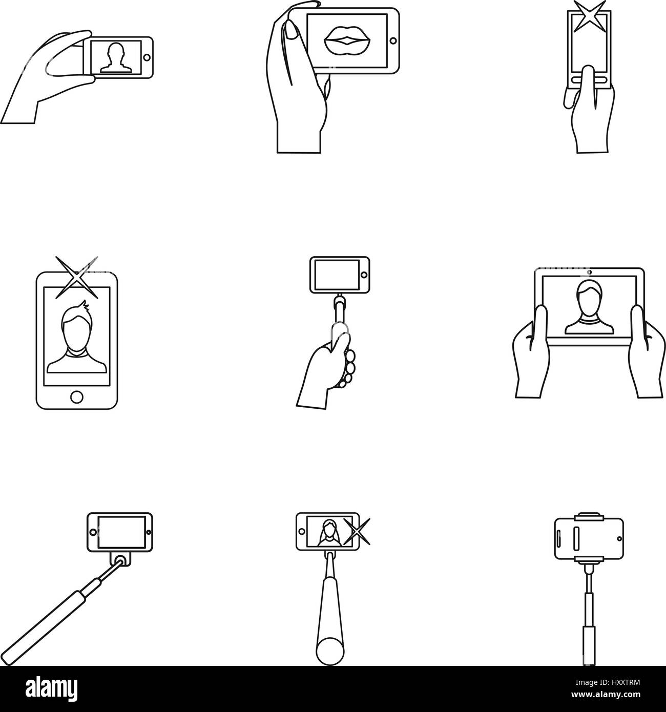 Photography on smartphone icons set, outline style Stock Vector Image ...