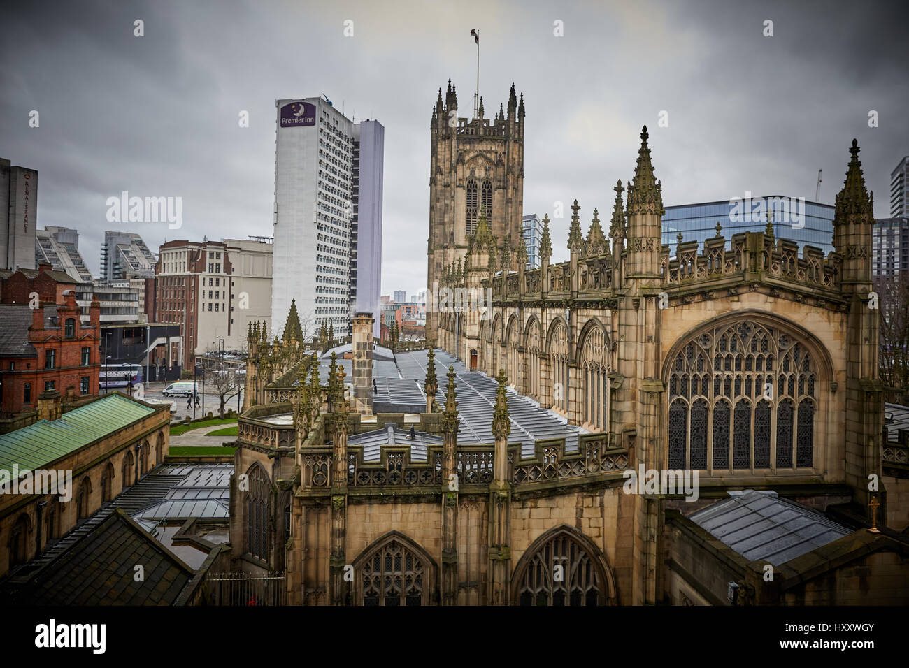 Exterior on a dull winter day Manchester Catheral, with views over the ...